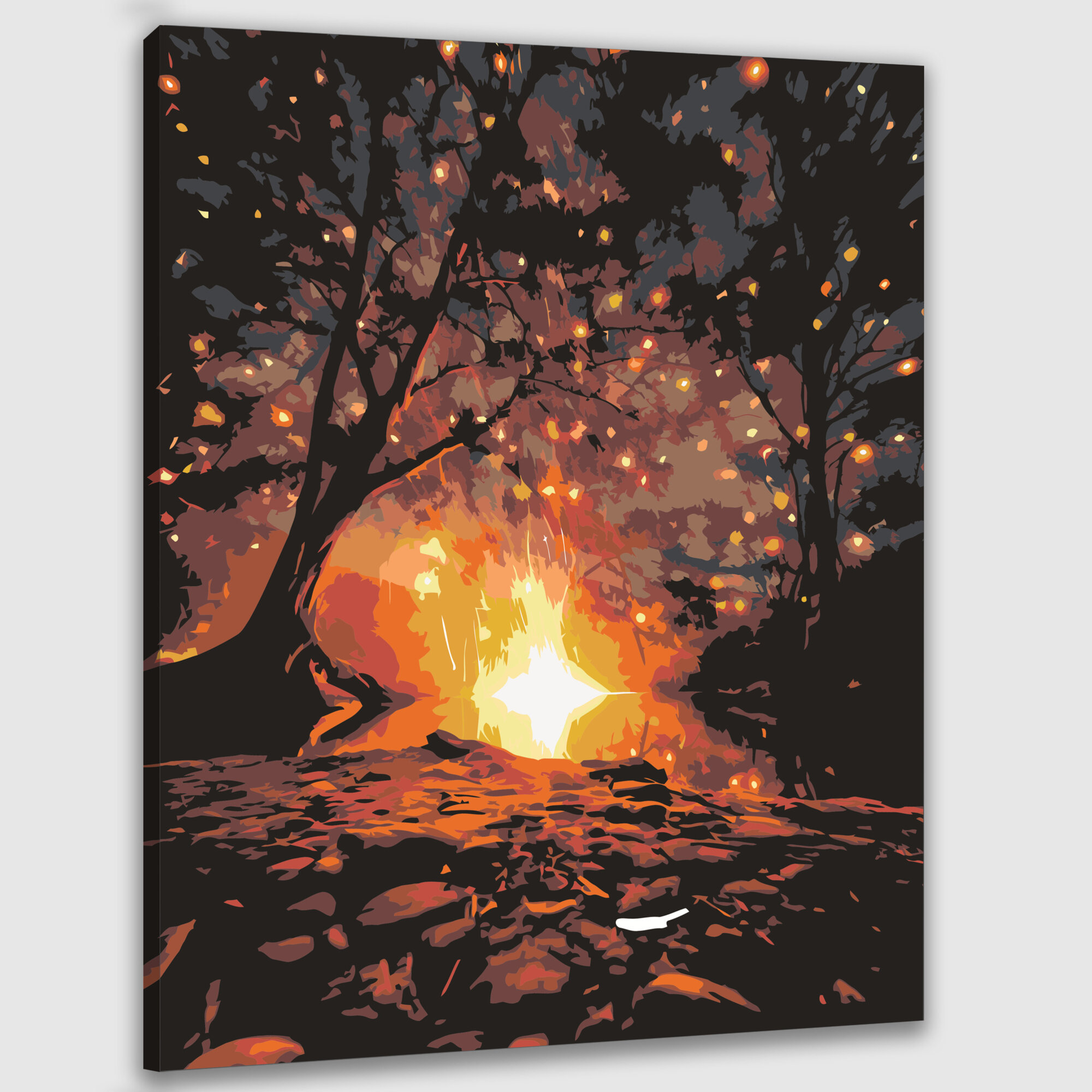 Картина по номерам 40x50 см, фотография, костер, звездная ночь, большая выдержка, искры, тлеющие угли, светлячки