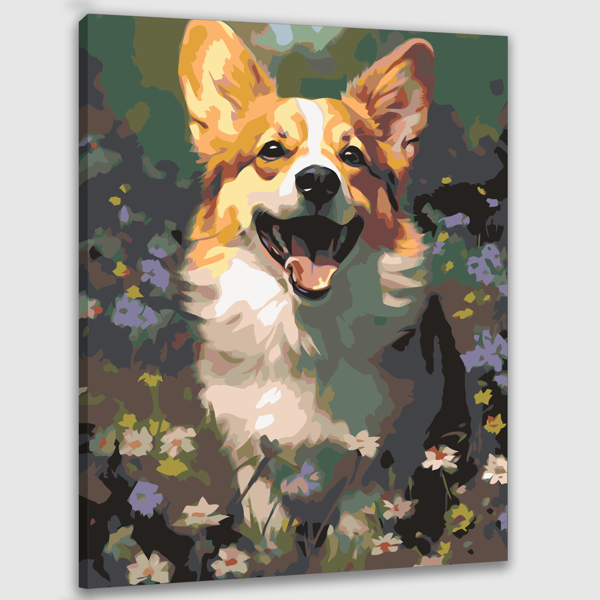 Картина по номерам 40x50 см, яркая, цифровая картина, радостный корги, высунутый язык, широкая улыбка, морда