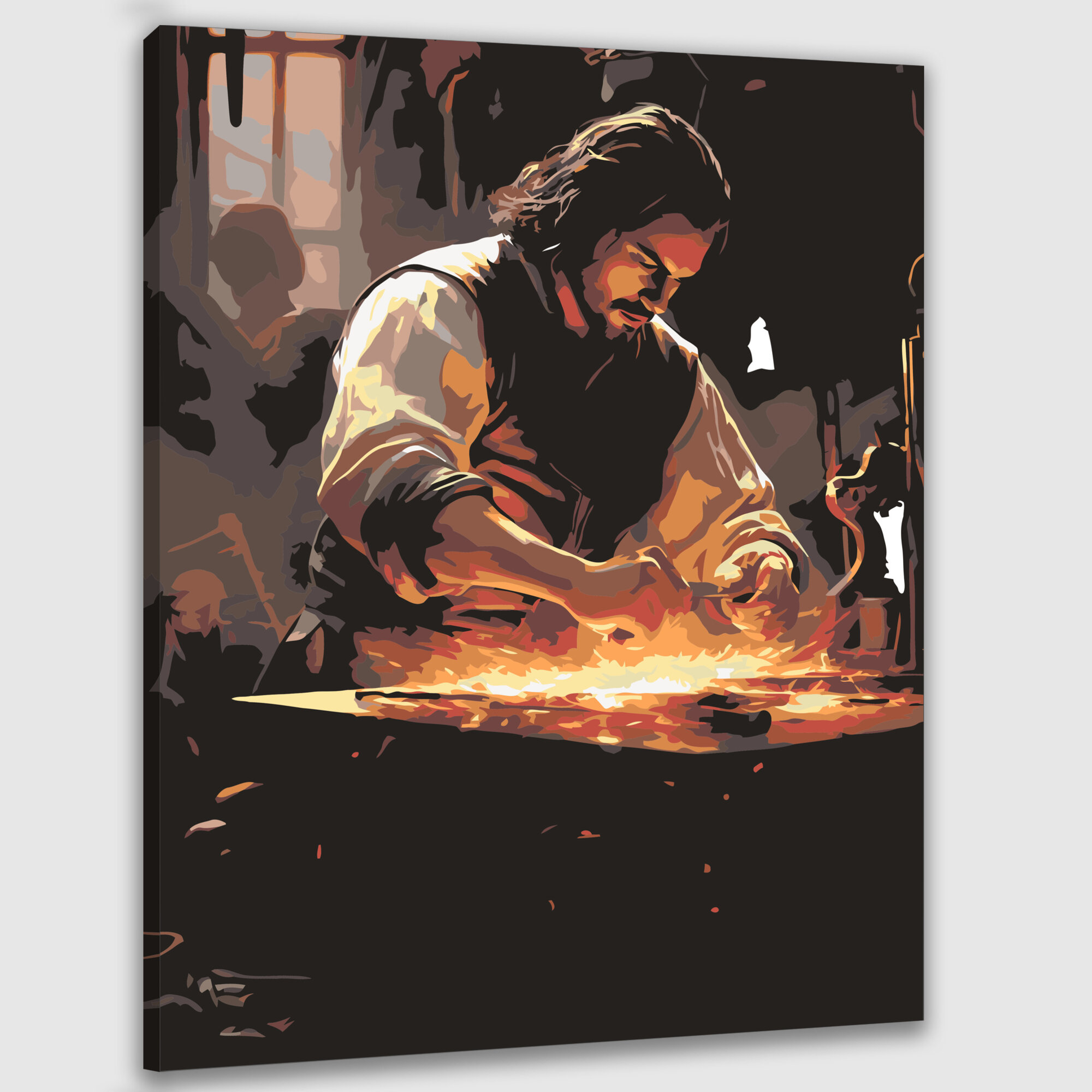 Картина по номерам 40x50 см, мастер, фехтовальщик, мастерская, меч, точность, кузница, жар, искры, мастерство