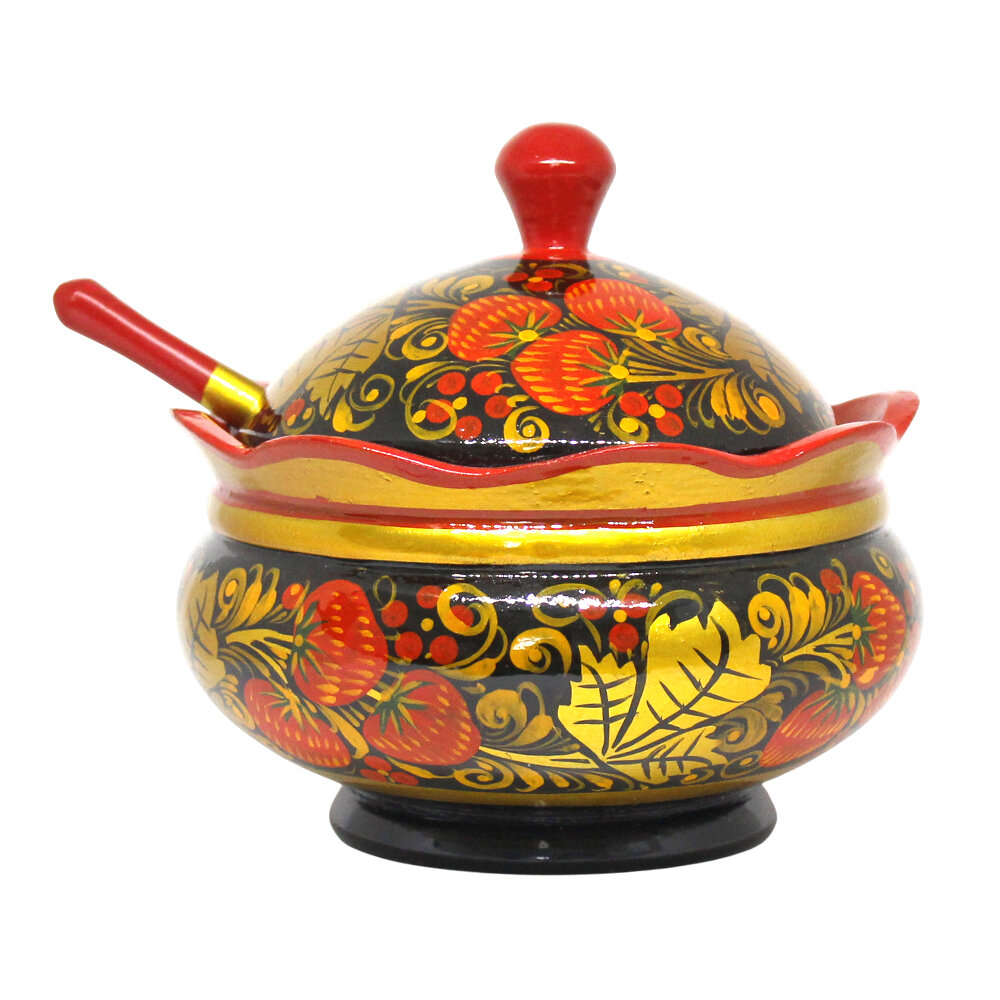 Деревянная резная сахарница с ложкой, "Ягодки", хохлома, объем 500 мл, (Ручная работа)