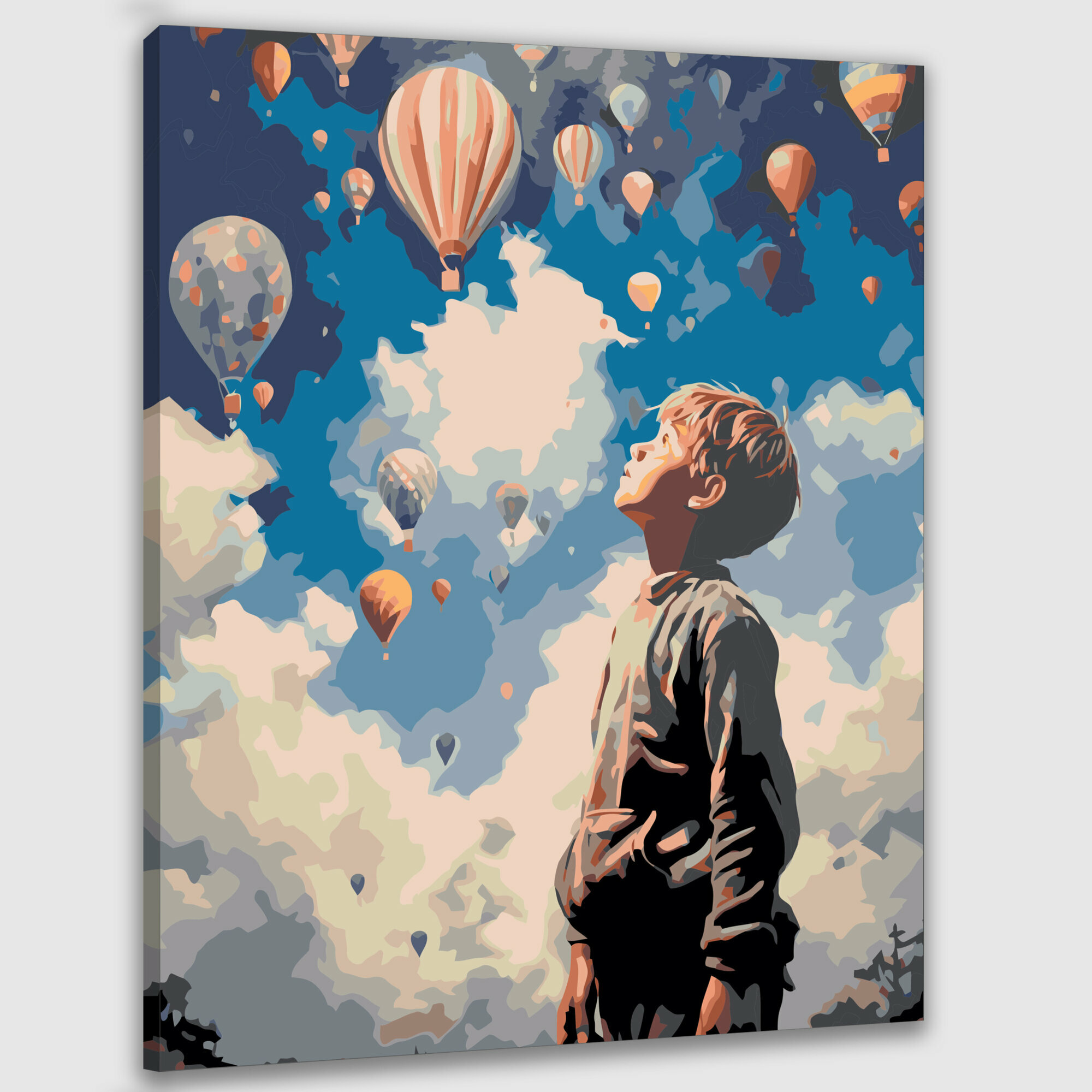 Картина по номерам 40x50 см, мальчик, небо, воздушные шары, узоры, цветы, благоговение, мечты