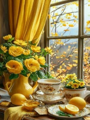 Картина по номерам масляными красками на подрамнике и подложке. Чаепитие.