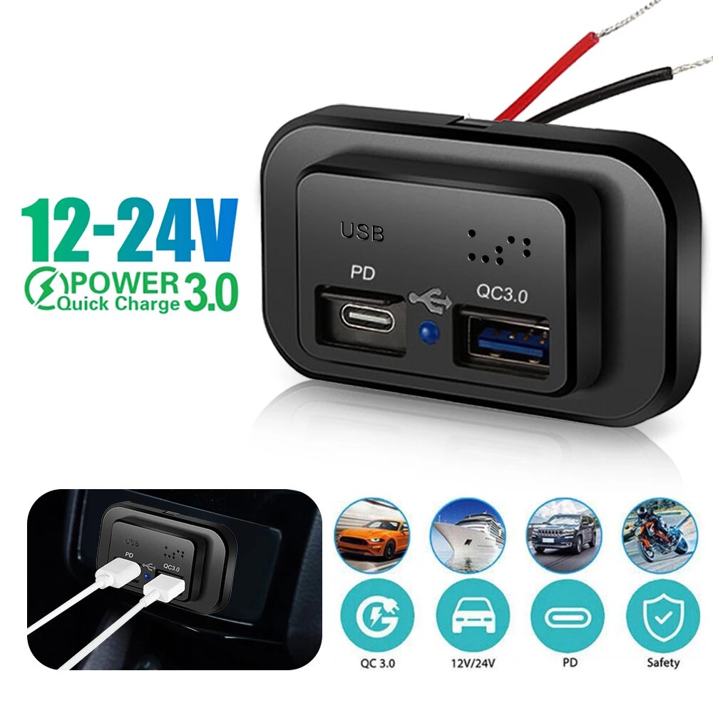 Быстрая зарядка PD QC 3,0, автомобильное зарядное устройство с двумя USB-портами, блок питания, адаптер 12 В 24 В для морских мотоциклов, лодок, квадроциклов, грузовиков