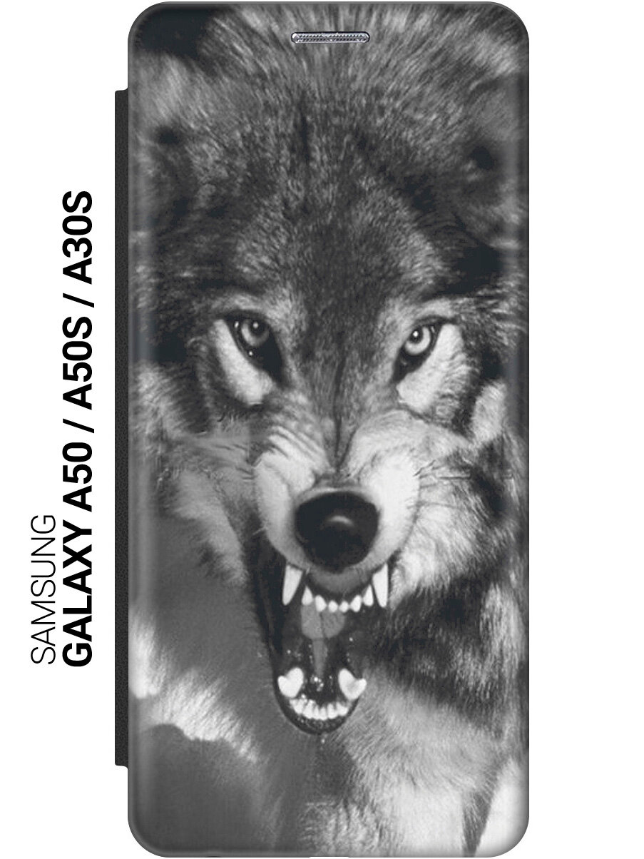 Чехол-книжка на Samsung Galaxy A50, A50s, A30s, Самсунг А50, А30с, А50с с 3D принтом "Волчий оскал" черный