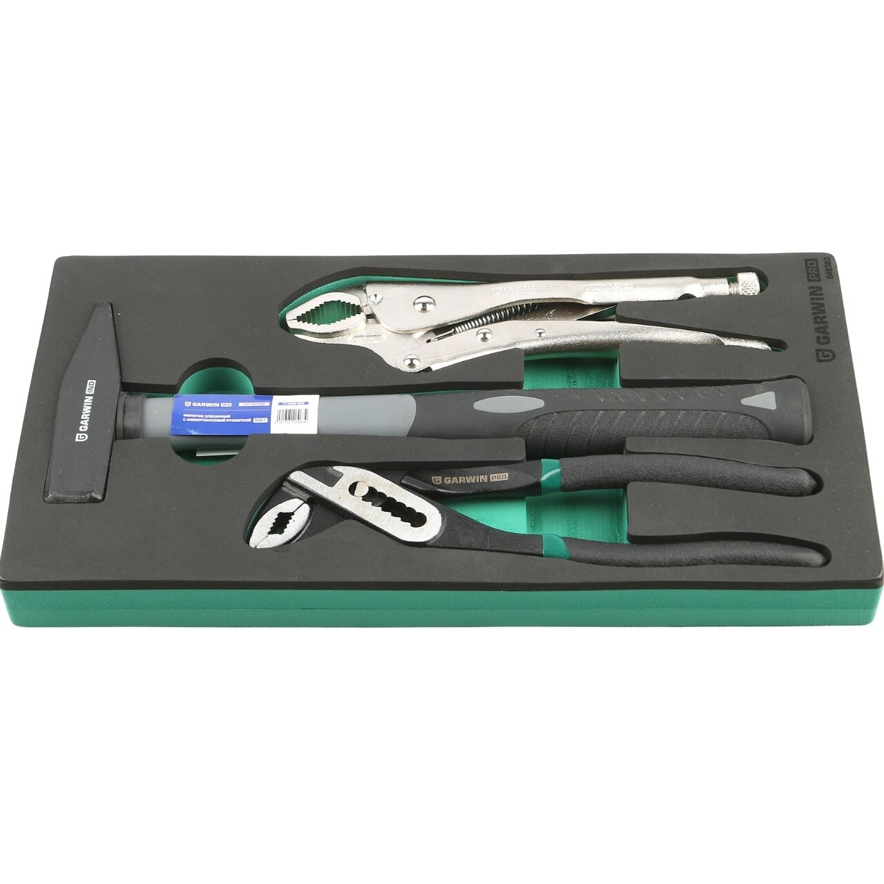 GARWIN PRO 646382 Набор слесарного инструмента: ручные тиски, переставные клещи, молоток 500 г, 3 пр. в ложементе EVA