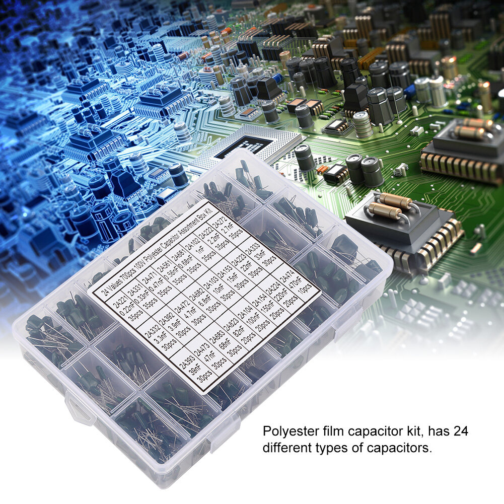 700 шт, 24 типа, комплект зеленых полиэфирных пленочных конденсаторов 0,22NF-470NF 100 В с коробкой для хранения
