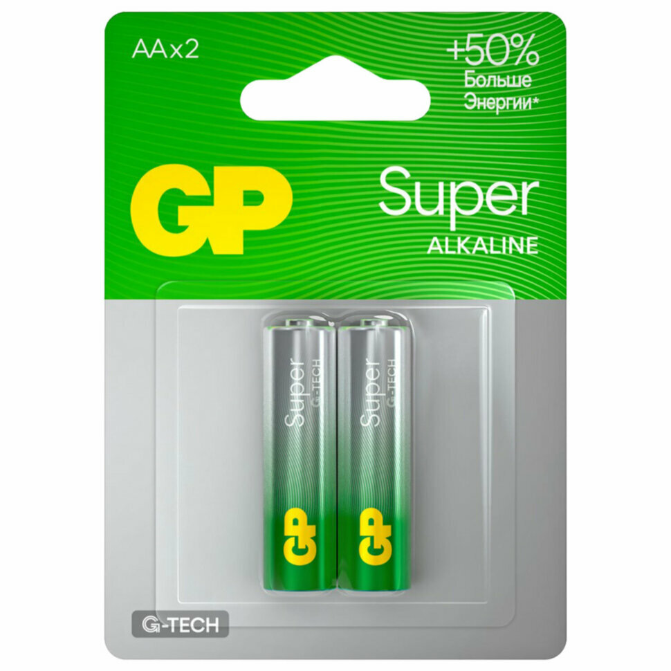 Батарейки комплект 2 шт, GP Super G-Tech, AA (LR6, 15А), алкалиновые, пальчиковые, блистер, 15A-2CR2, 456683