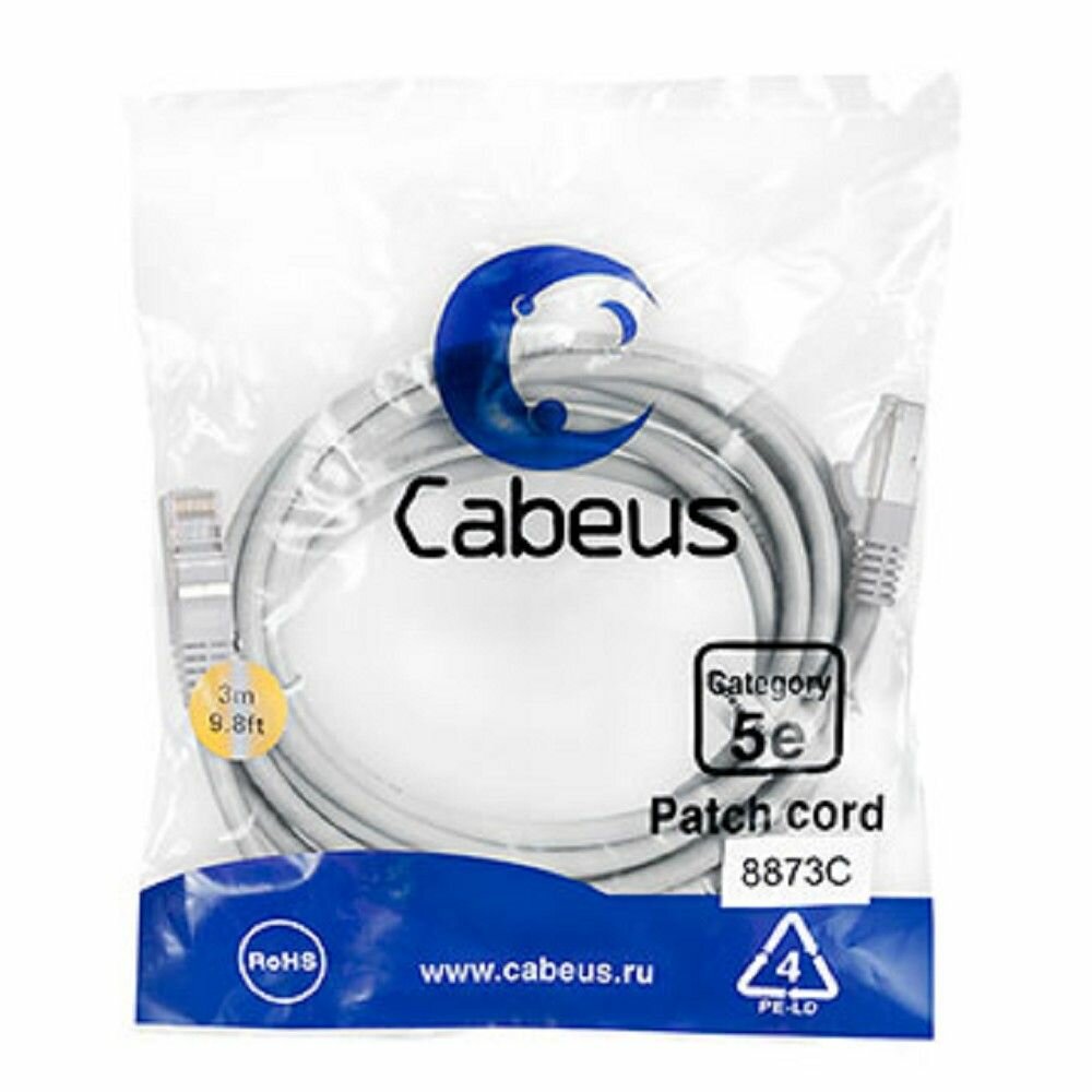 Cabeus Патч - корды сетевые, телефонные PC - FTP - RJ45 - Cat.5e - 3m - LSZH Патч - корд F UTP, категория 5е, 2xRJ45 8p8c, экранированный, серый, LSZH, 3м