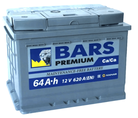 Аккумулятор автомобильный BARS Premium 64А. ч 620А ОП (242x175x190) L2 242x175x190