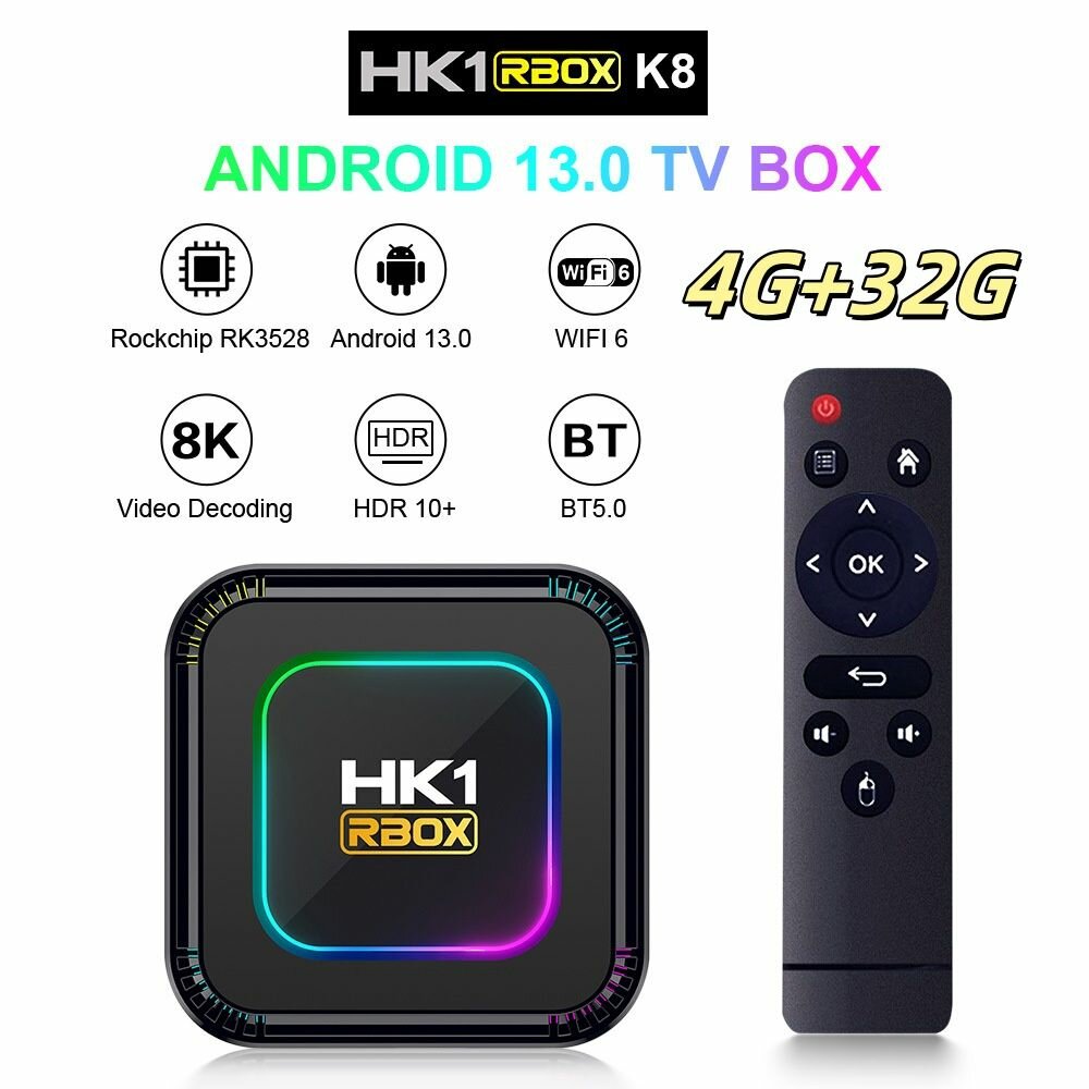 Медиаплеер Android, 4 ГБ/32 ГБ, ИК-порт (HK1 RBOX -K8), Bluetooth, черный