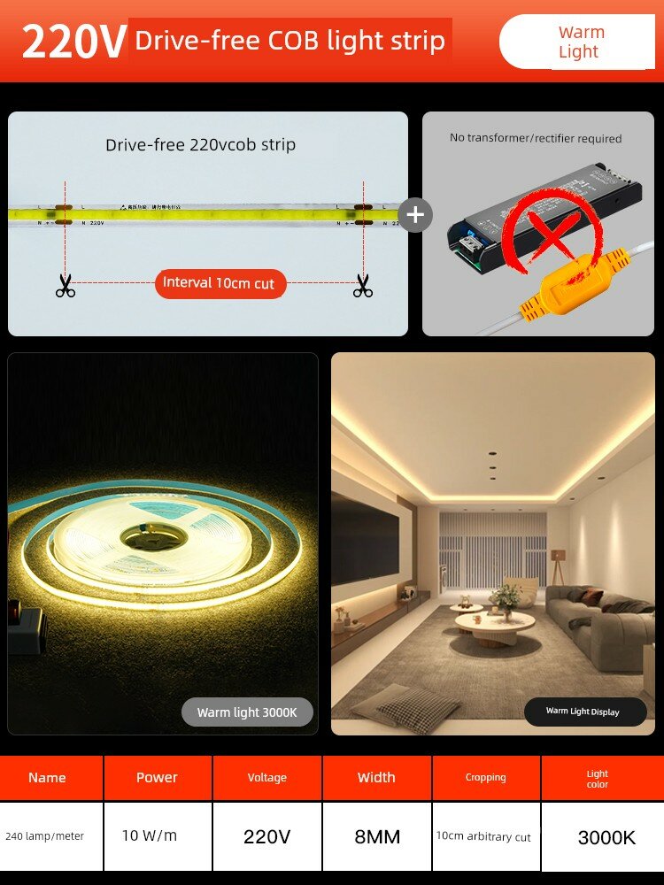 Светодиодная лента COB 220В с прямым подключением, без драйвера и трансформатора, линейный светильник без проводки,