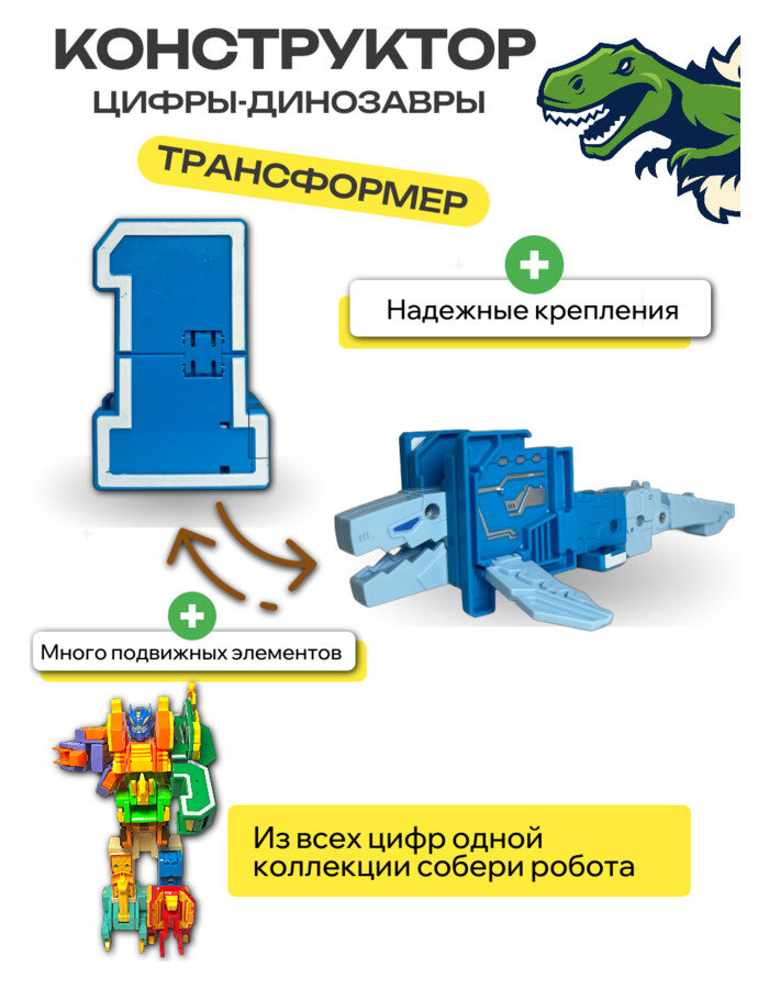 Цифры Динозавры-трансформеры, цифра "1" бокс, цвет синий , пластик