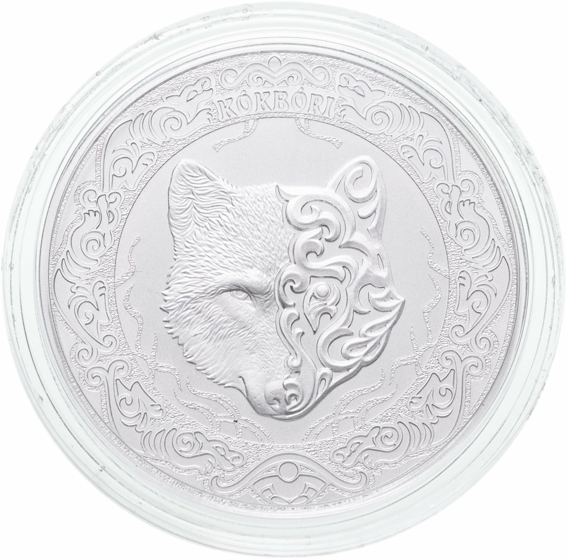 Казахстан 1 тенге 2023 UNC "Тотемное животное - небесный волк Кокбори" в капсуле, Серебро 999