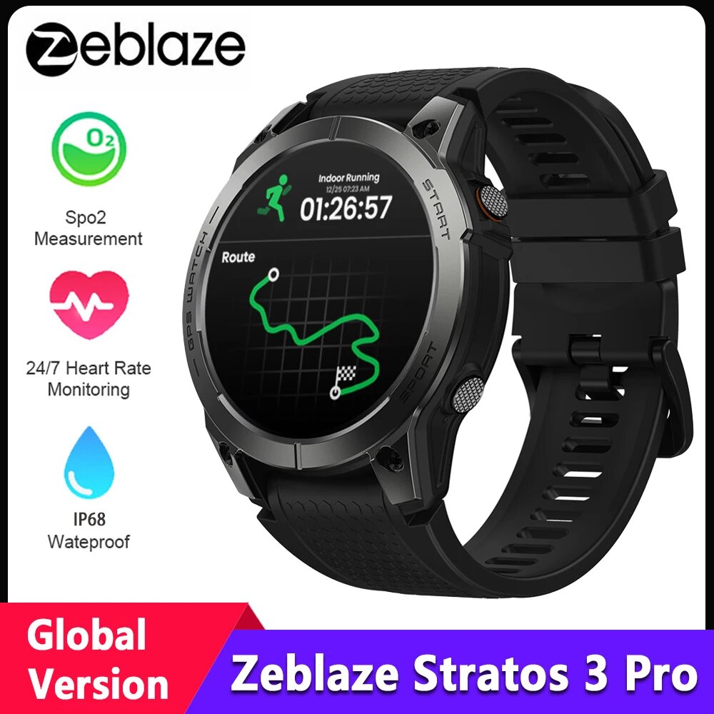 Original Zeblaze Stratos 3 Pro GPS Smart Watch Men 1.43 Inch AMOLED Display SpO2 Health Monitor Bluetooth Phone Calls Smartwatch