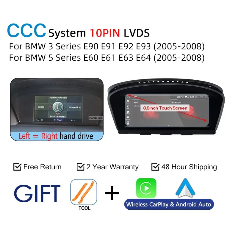 Беспроводной экран Carplay для BMW 3 5 серии E90 E91 E92 E93 E60 E61 2005-2012, автомобильный мультимедийный плеер, GPS-навигация, радио CCC