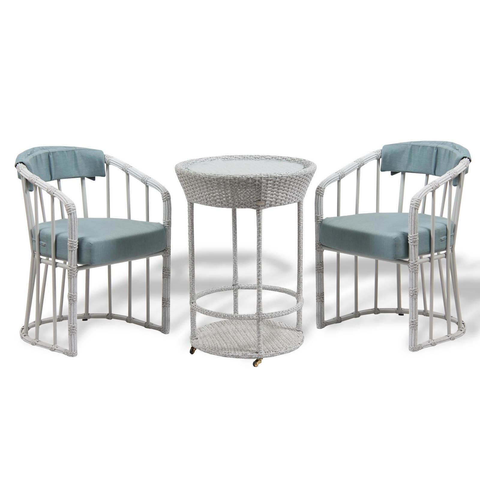 Балконная группа Блисс от Malacca со столиком на колёсах, в цвете берёза, текстиль - Олефин бирюзовый