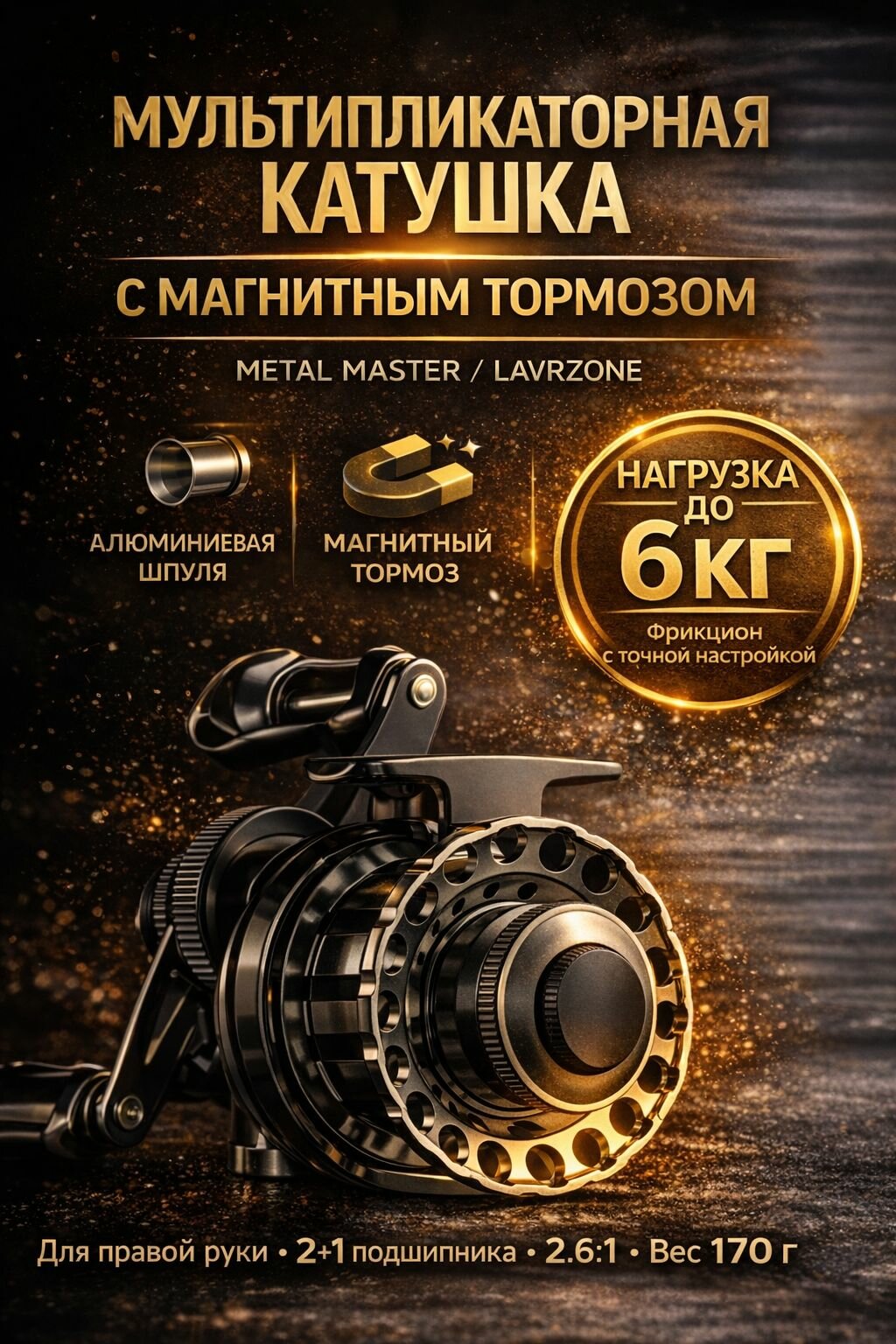 Катушка зимняя мультипликаторная Metal Master R (Slow Descent) под правую руку, зимняя катушка для удочки, металлическая шпуля, с магнитным тормозом