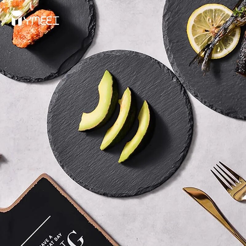 Круглая тарелка YMEEI из натурального черного камня, тарелки для стеков, тарелка для кухни, пицца с сыром для домашней еды