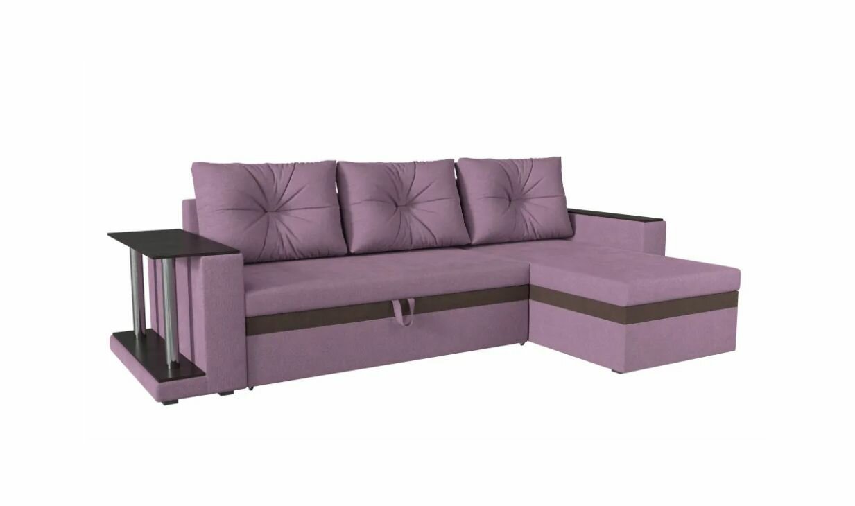 Угловой диван Атланта, Еврокнижка, Вельвет, Сиреневый/Коричневый, Угол правый, Ящик для белья, 248x130x83 см