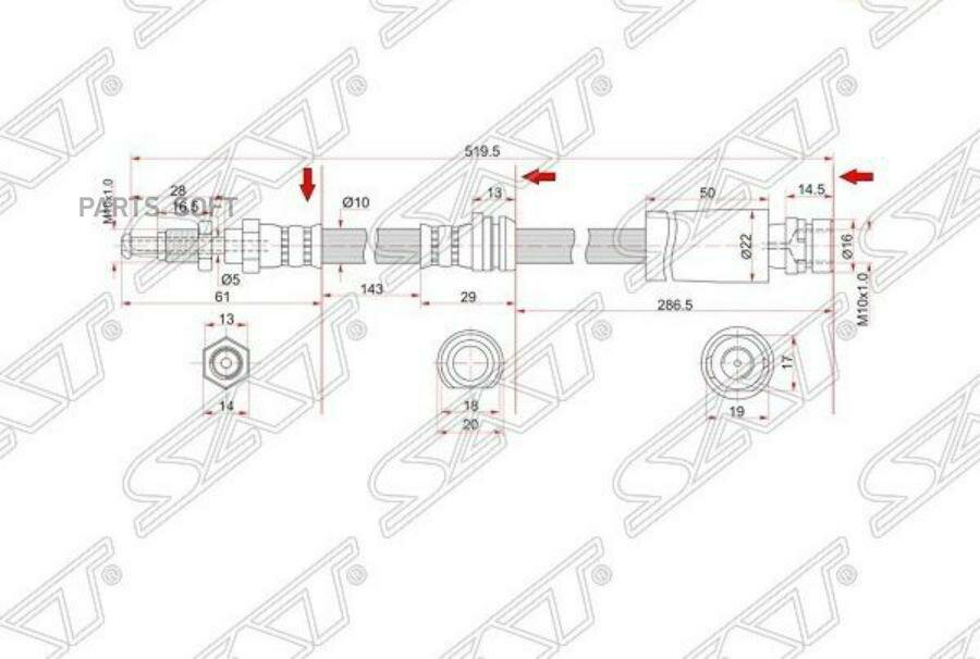 Шланг тормозной (Спереди/ Справа=Слева) Mazda Demio 02-07 / 2 02-07 SAT ST-D436-43-980 | цена за 1 шт