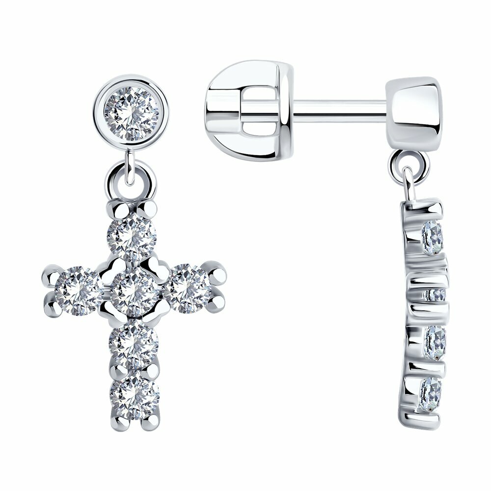 Серьги пусеты, серебро, 925 проба, родирование, фианит