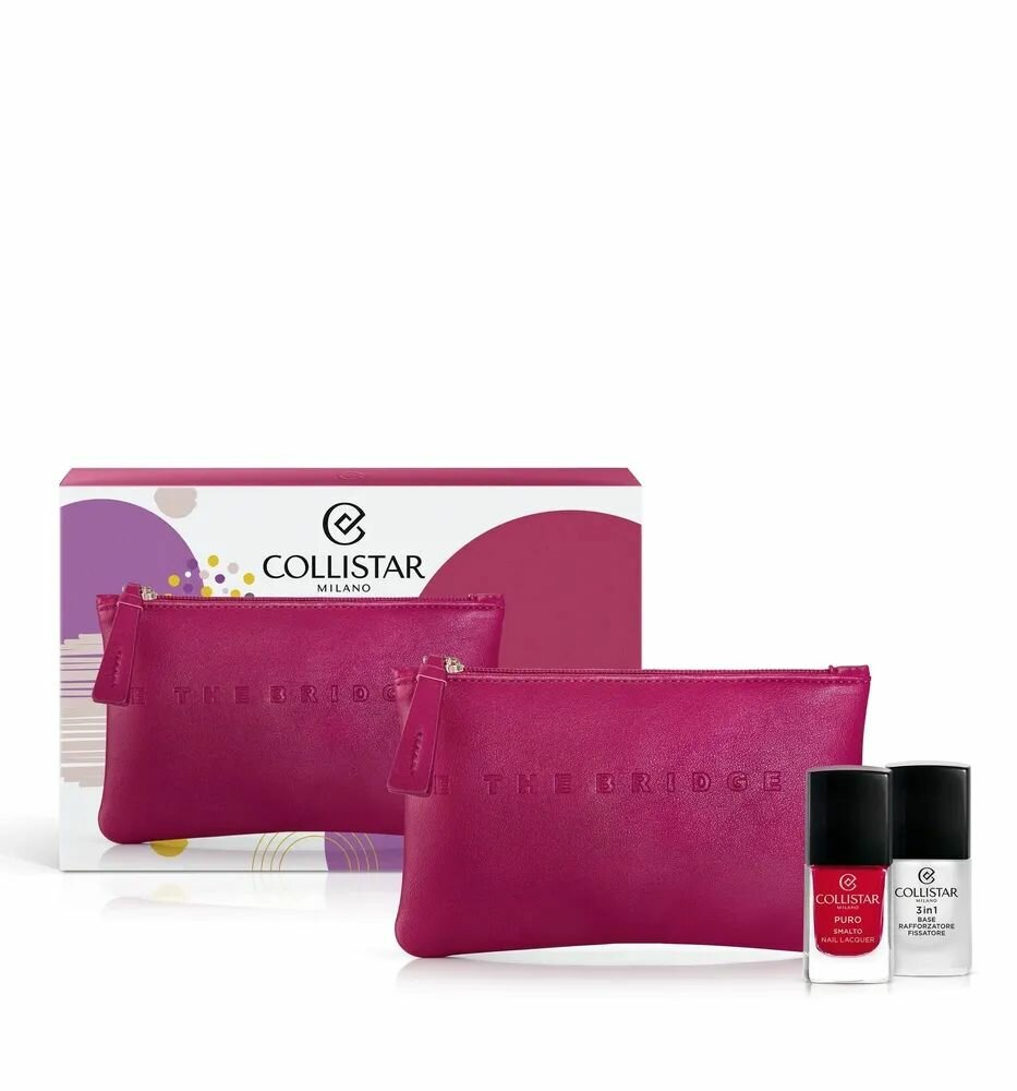 Collistar - Набор: Puro Smalto Nail Polish N111 Red Milan Лак для ногтей красный 10ml + База 3в1 -Укрепитель-Фиксатор 10 мл + косметичка