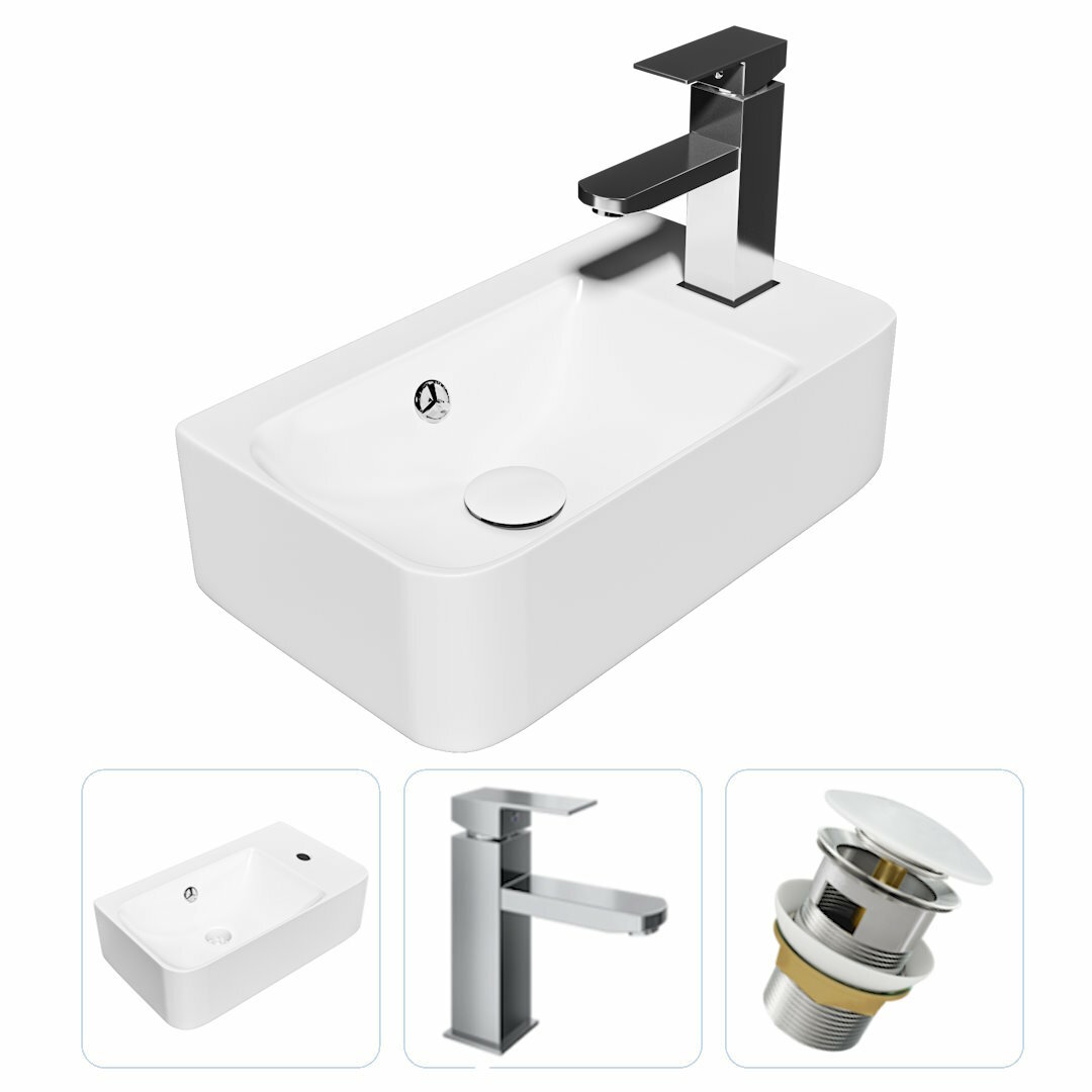 Раковина подвесная для ванной Teymi Hanna 45 правая в комплекте смеситель хром и донный клапан клик-клак с переливом белый F01654