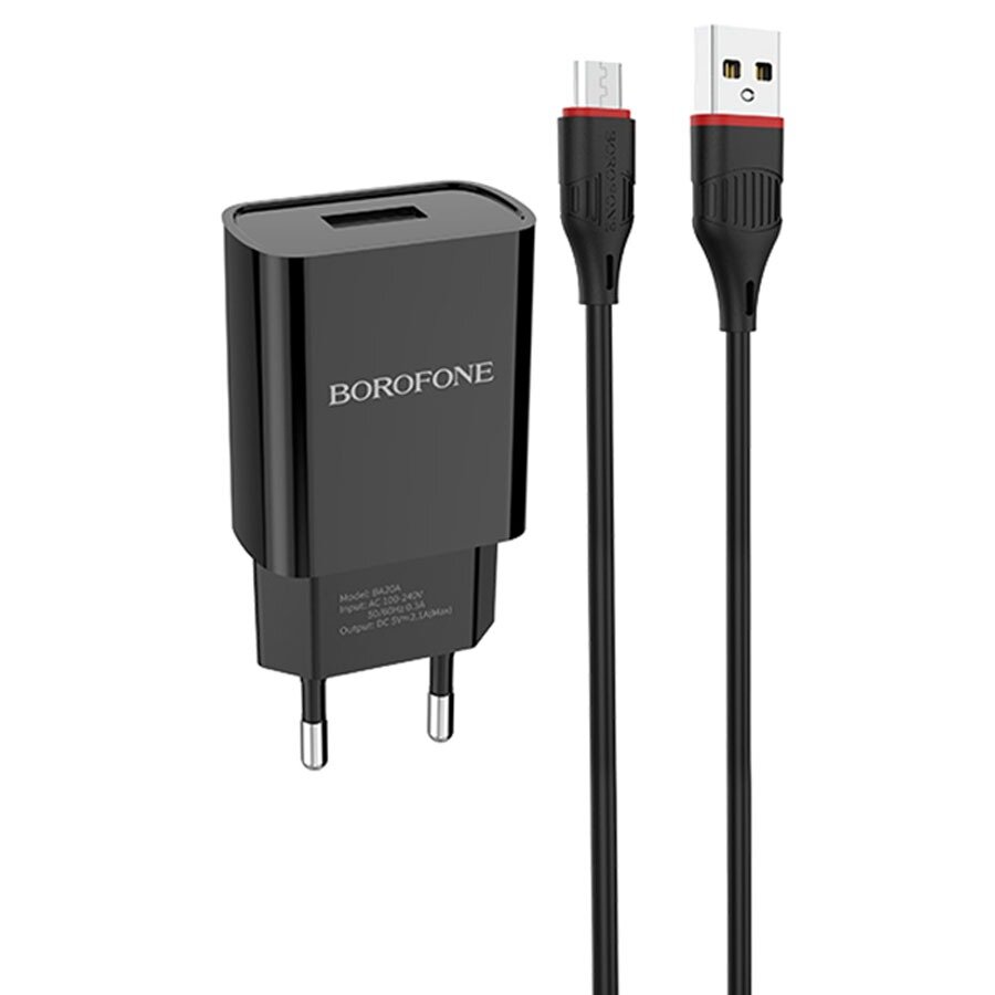 Сетевое зарядное устройство с Кабелем USB - Micro, 2.1A, черный