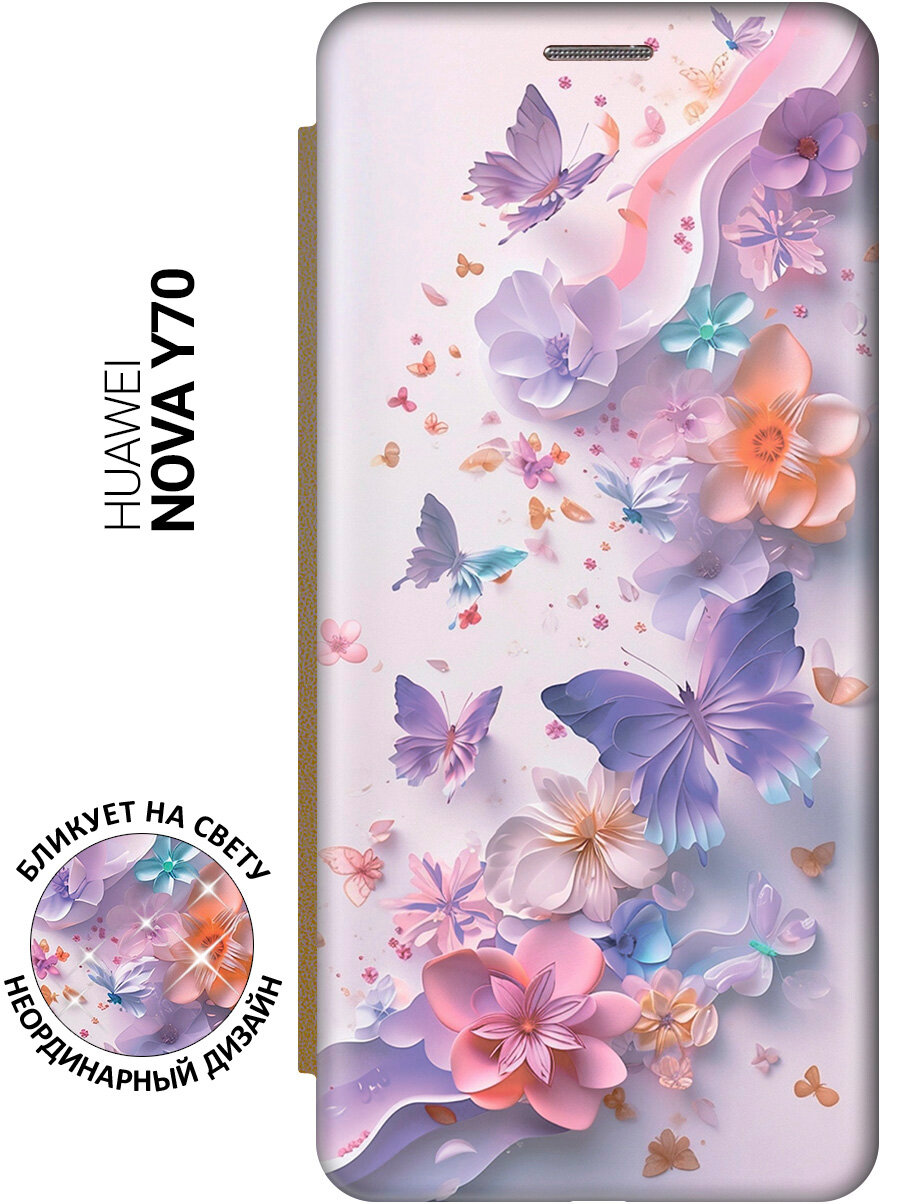 Чехол-книжка на Huawei nova Y70 с принтом "Фиолетовые бабочки и бумажные цветы" золотой