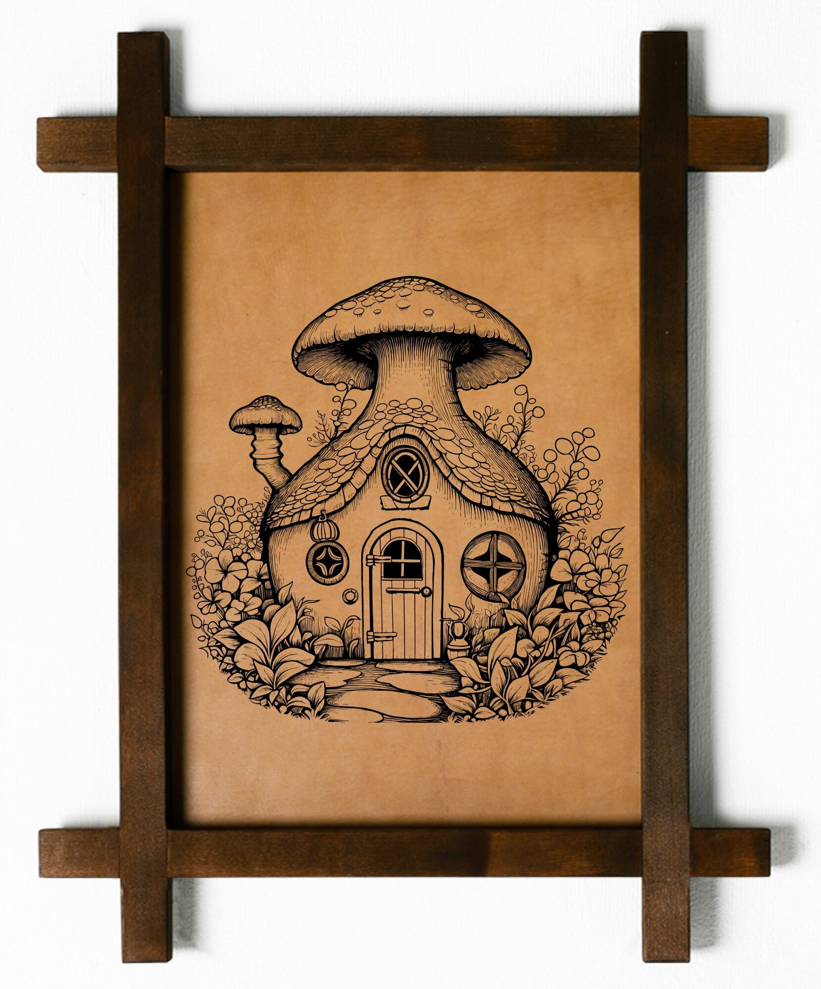 Картина интерьерная, натуральная кожа, "Домик-мухомор", в деревянной раме, BoomGift