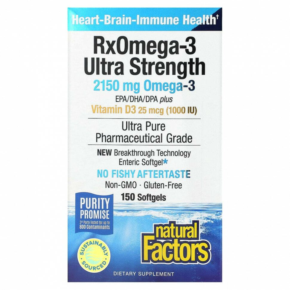 Natural Factors, Ultra Strength, RxOmega-3, с витамином D3, 900 мг ЭПК/ДГК, 150 гелевых капсул Enteripure