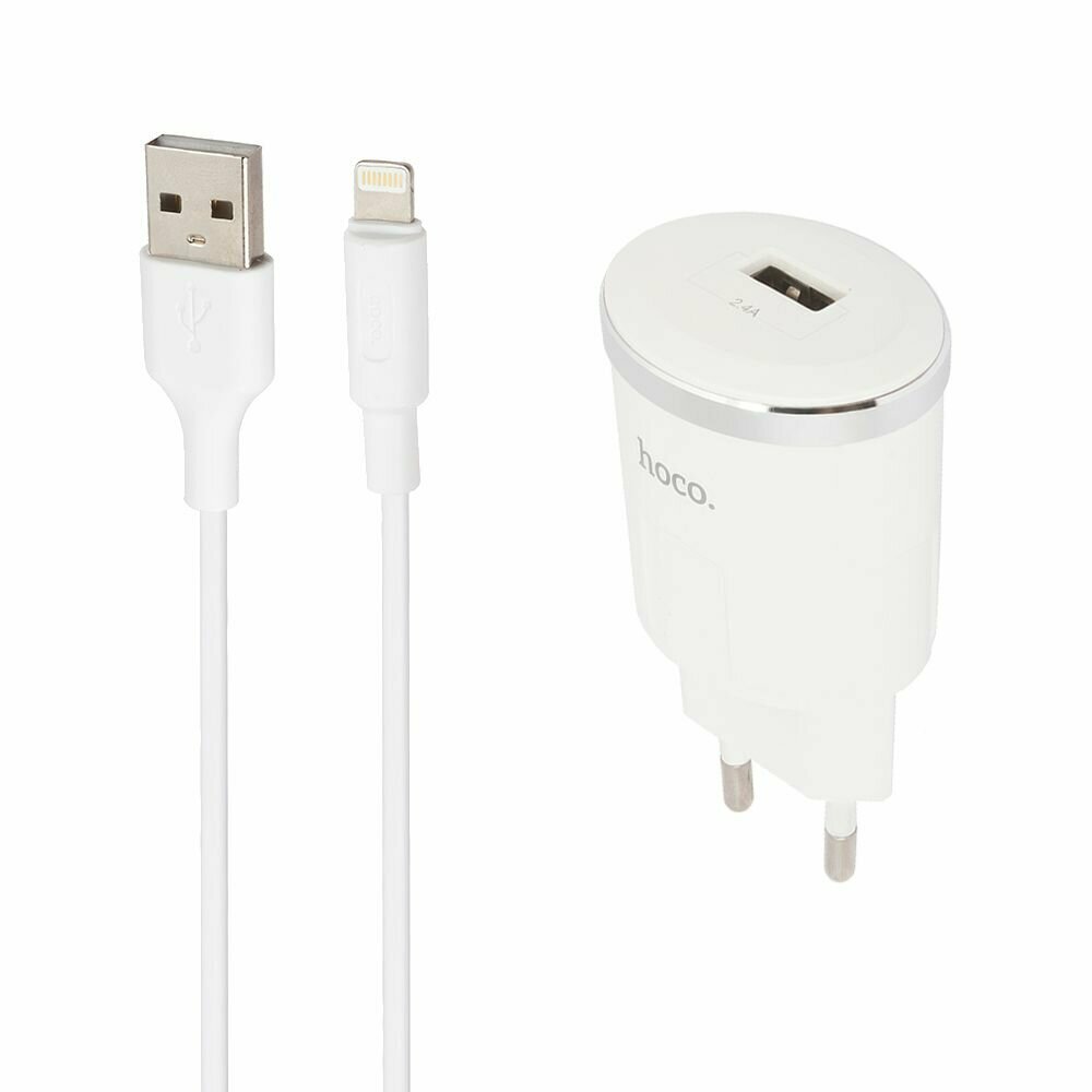 СЗУ HOCO C37A Thunder Power 1xUSB, 2.4А + USB кабель Lightning 8-pin, 1м (белый)