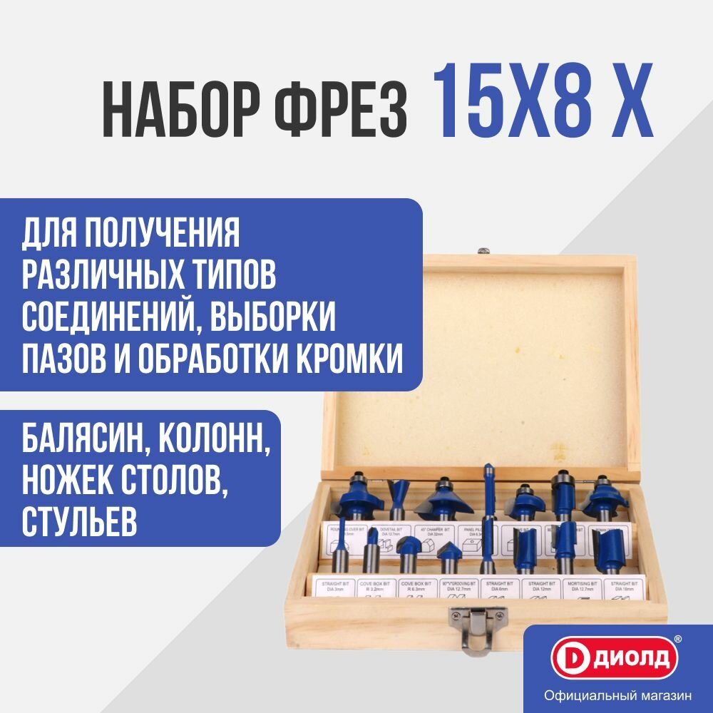 Набор фрез Диолд 15x8 X (15 шт, диаметр хвостовика 8 мм)