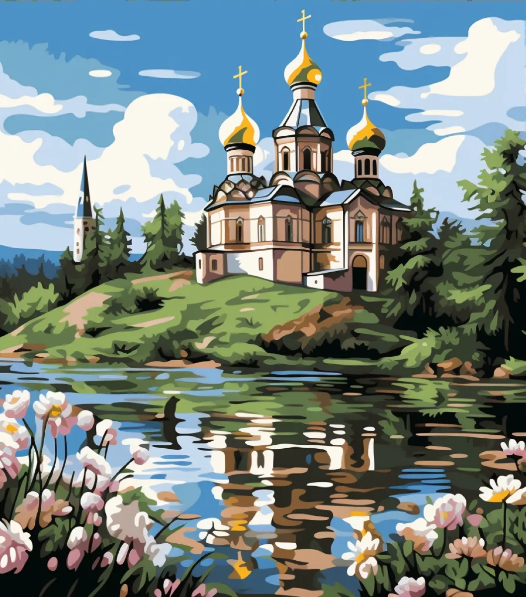 Картина по номерам "Храм у озера" 40х50 см, хлопковый холст на подрамнике, акрил, Hobby Home