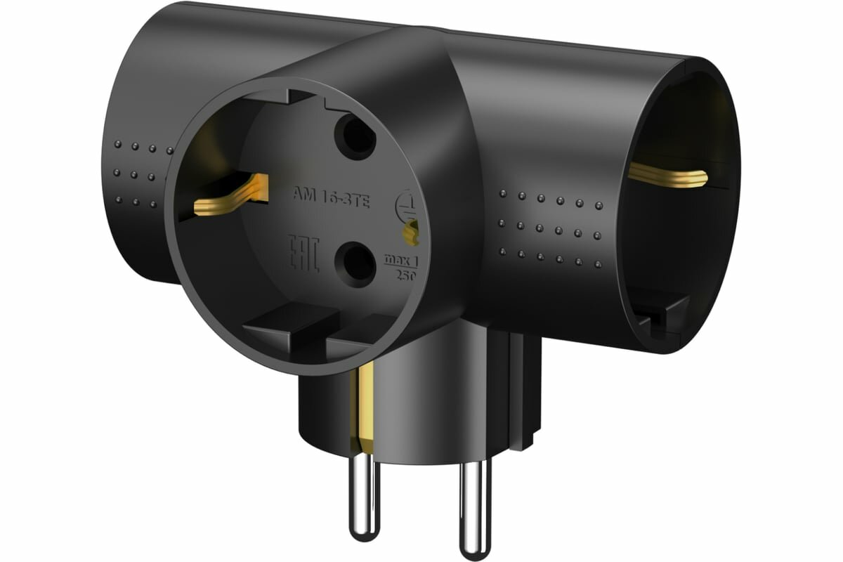 Фотон Электрический разветвитель Т-образный с заземлением 16А АМ 16-3ТЕ черный 25411