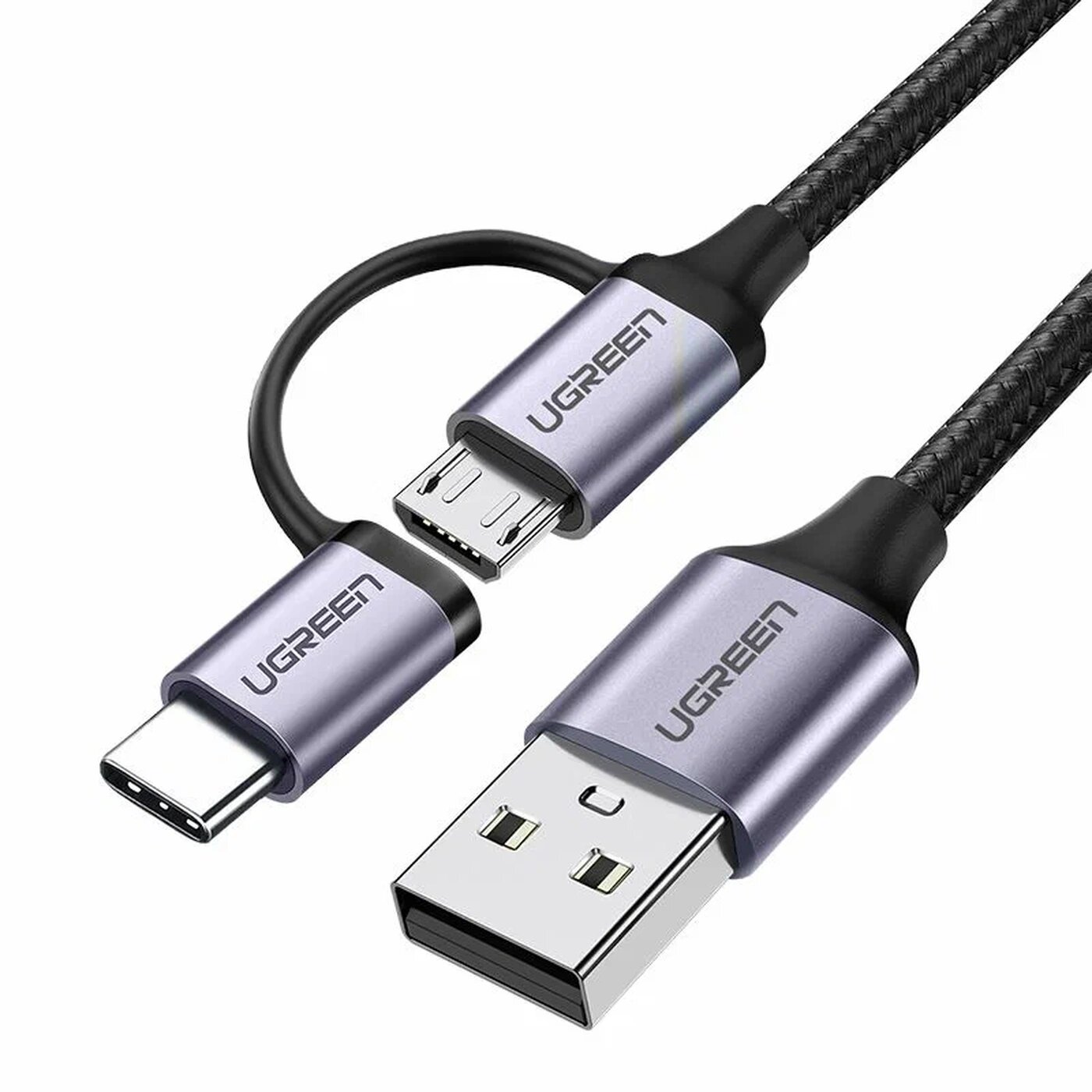 Кабель UGREEN US177 (30875) USB-A to Micro USB + USB Type-C Cable. Длина: 1 м. Цвет: черный