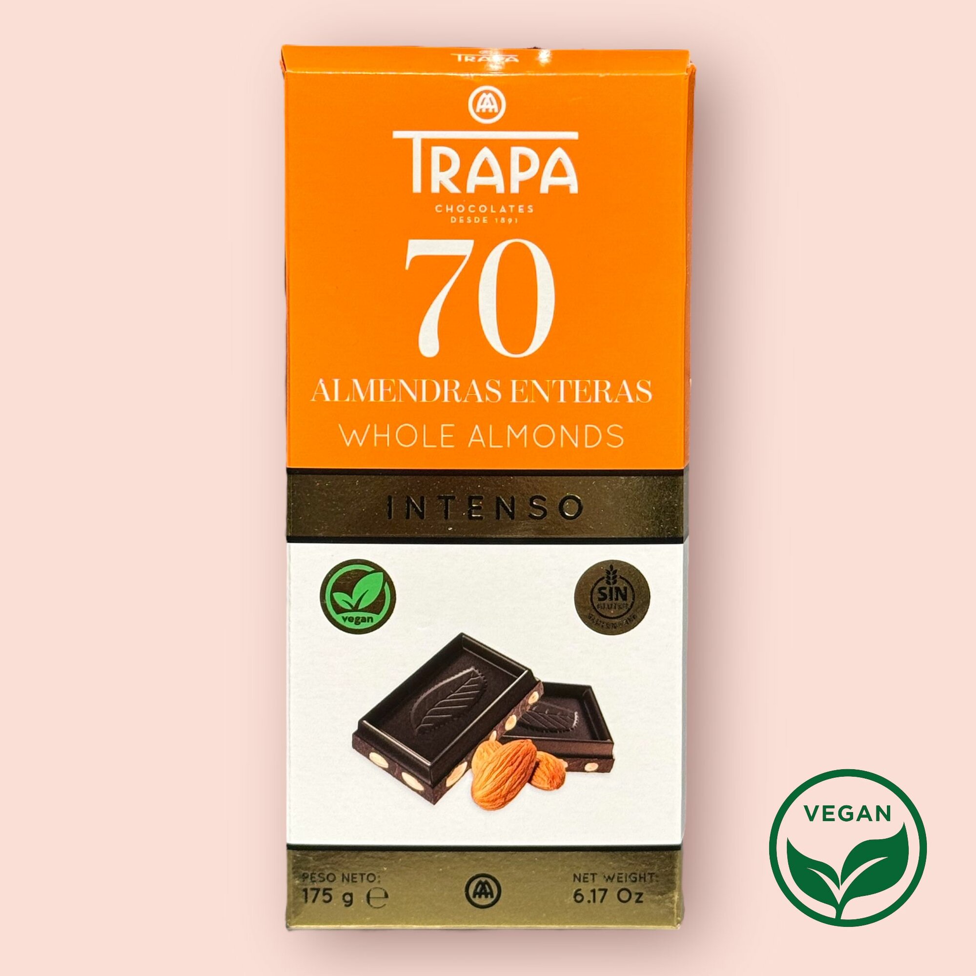 Шоколад Trapa горький 70% с цельным миндалем, 175гр. Испания