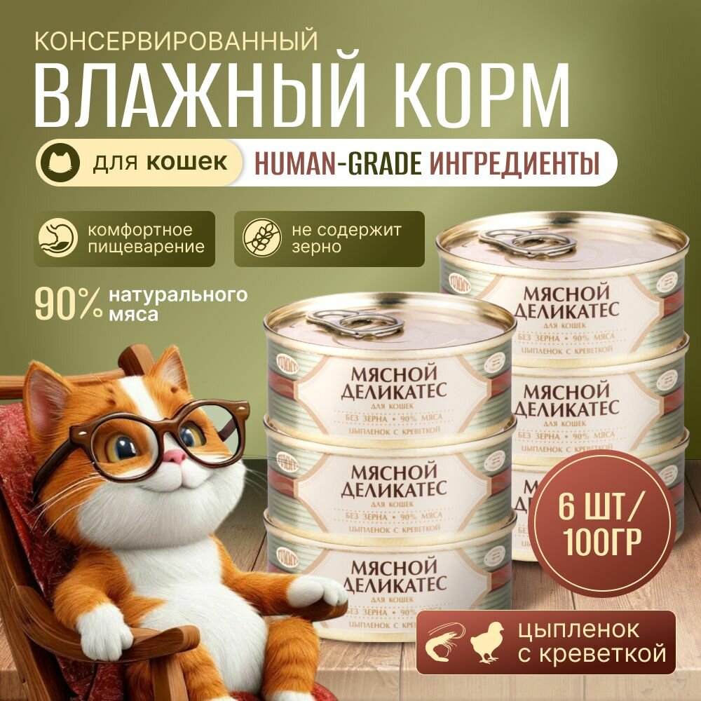 Yummy Мясной Деликатес Влажный корм для кошек Цыпленок/креветка, 100 г. * 6 шт.