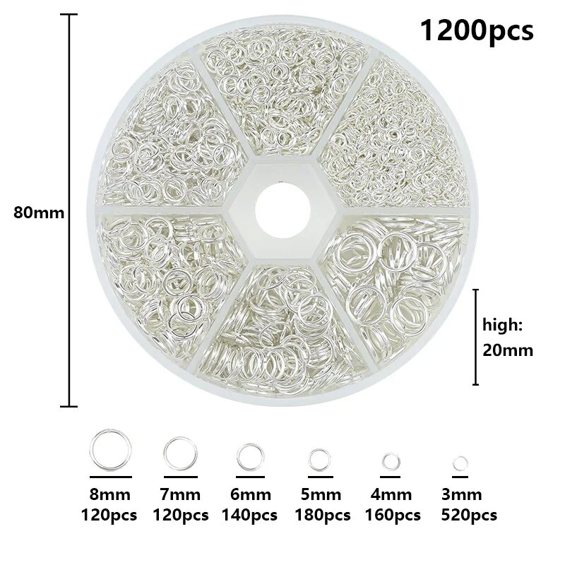 Колечки-скобы JHNBY 3-8 мм, 1200 шт, серебряный цвет