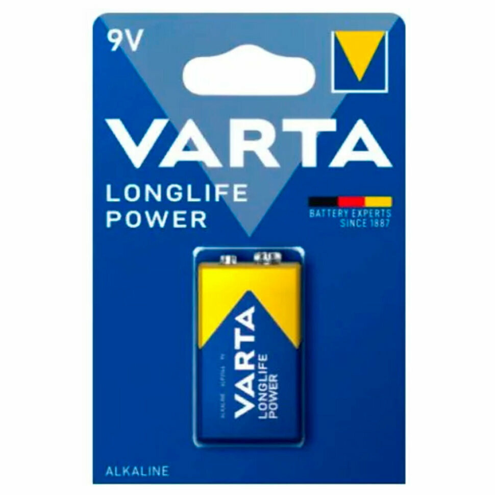 Батарейка алкалиновая 1 шт, VARTA LONGLIFE POWER, Крона 9V (6LR61, 6LF22, 1604A), 4922121411, 457413