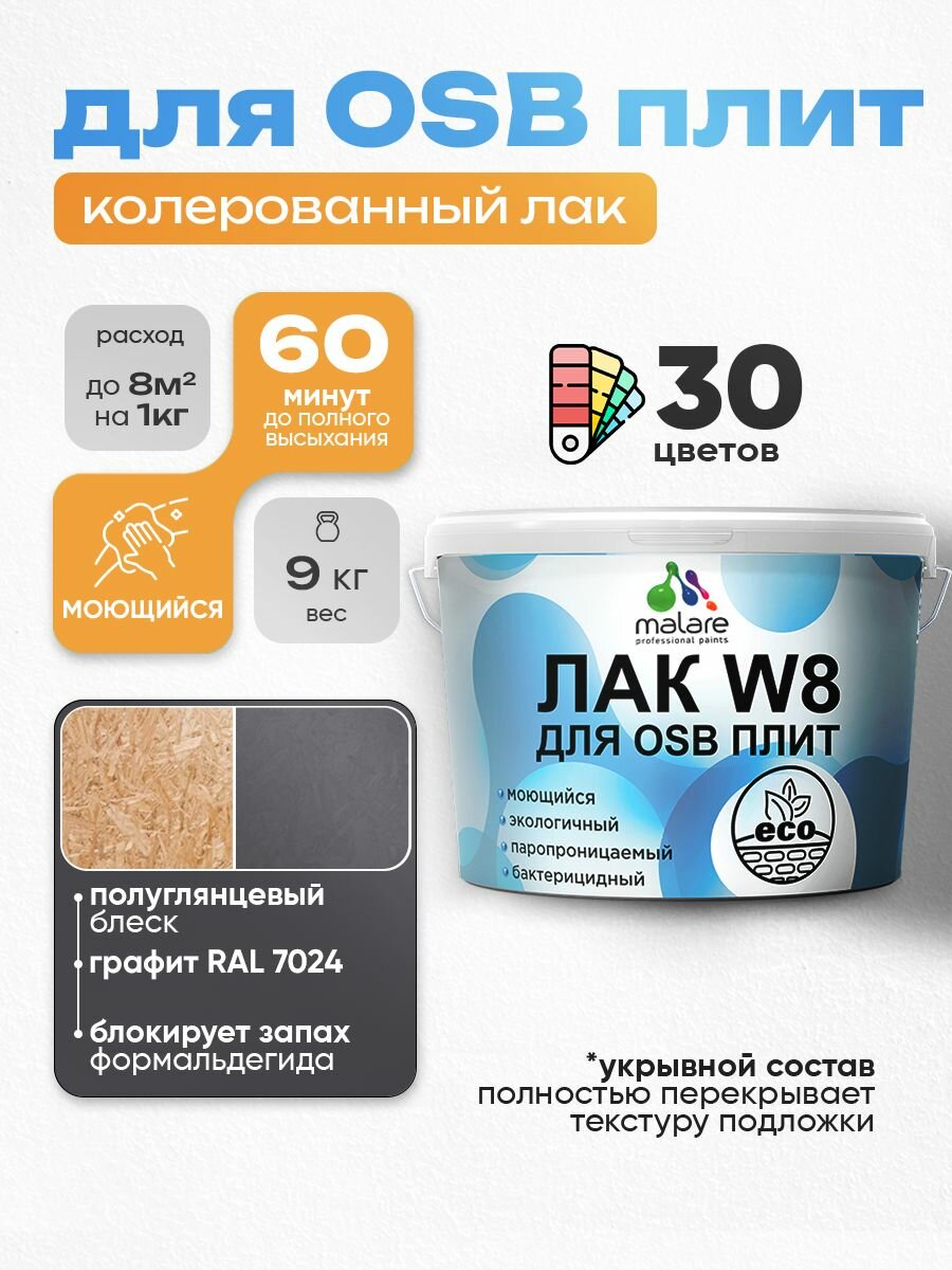 Лак колерованный укрывной для защиты ОСБ плит Malare W8 универсальный для дерева и минеральных поверхностей, паропроницаемый водный без запаха, полуглянцевый RAL 7024 графит, 9 кг.