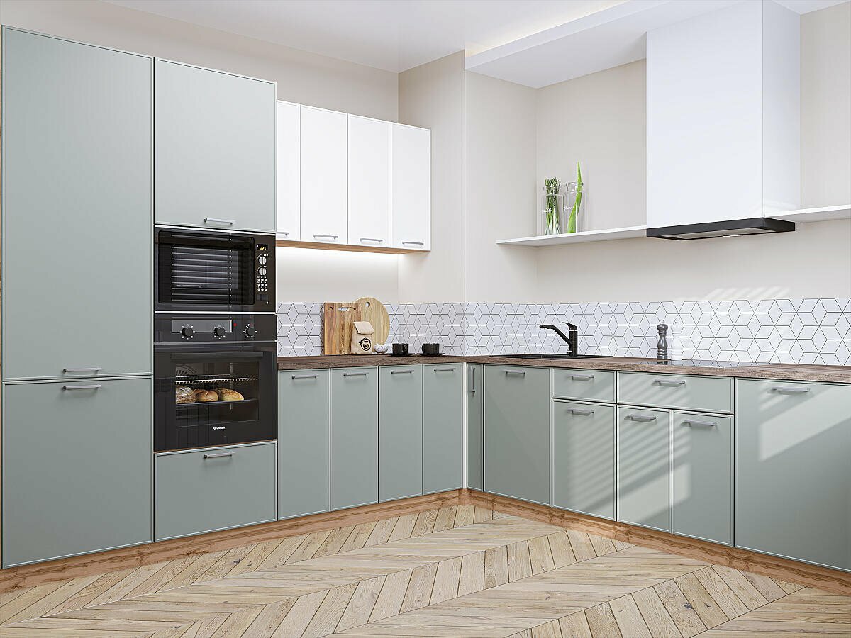 Кухня Квадро-02, цвет фасада Белый/Аквамарин, цвет каркаса Дуб Вотан, 2140*2400/2150*600 мм