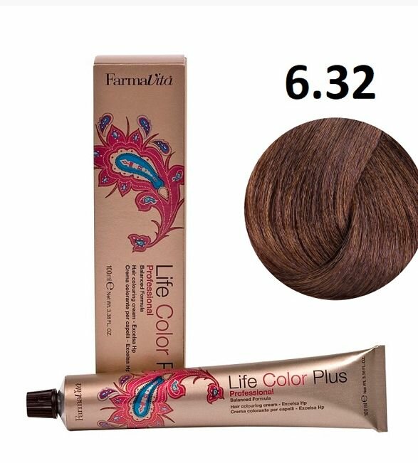 Крем-краска для волос Farmavita Life Color Plus 6.32 темный блондин золотистый ирис, 100 мл