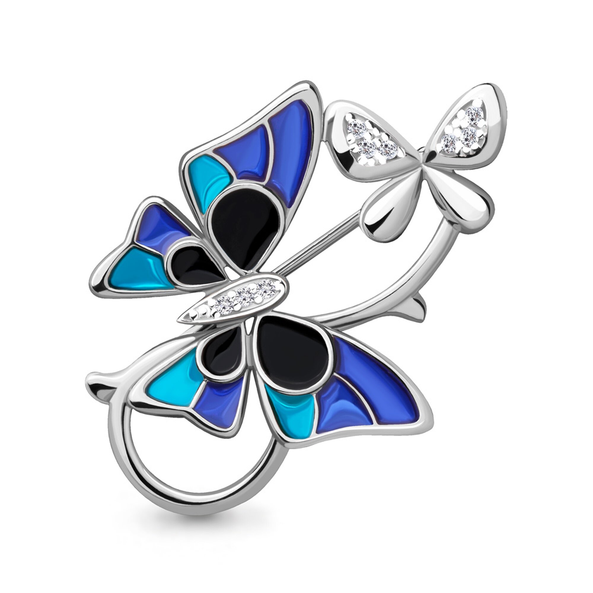 Брошь, серебро, 925 проба, родирование, эмаль, фианит