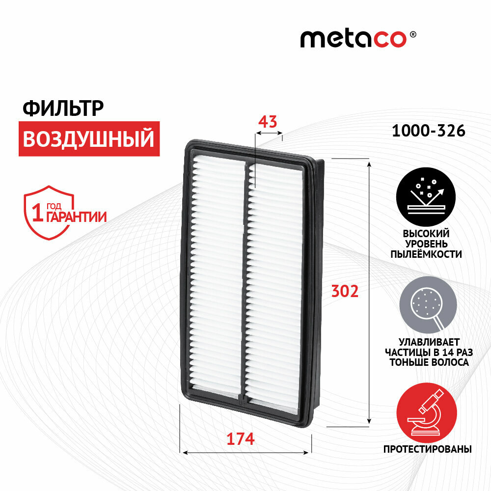 Фильтр воздушный METACO, Honda Хонда Pilot Пилот Acura Акура MDX МДХ, 17220-RD5-A00, 17220-RGL-A00, 1000-326