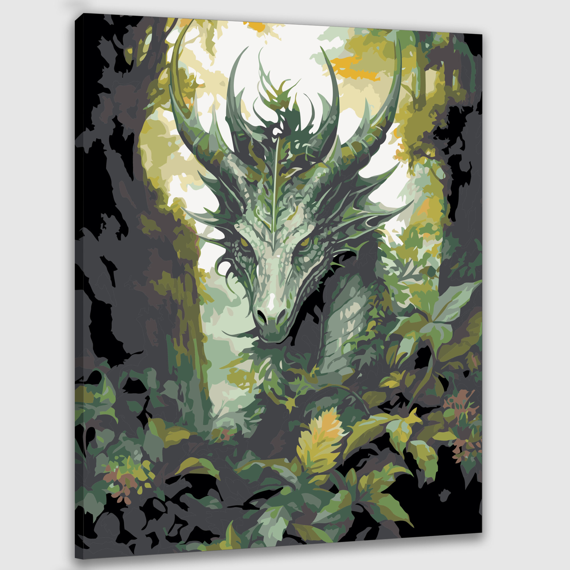 Картина по номерам 40x50 см, иллюстрация, акварельная, мифический, зеленый дракон, густой лес, изумрудные крылья, тень