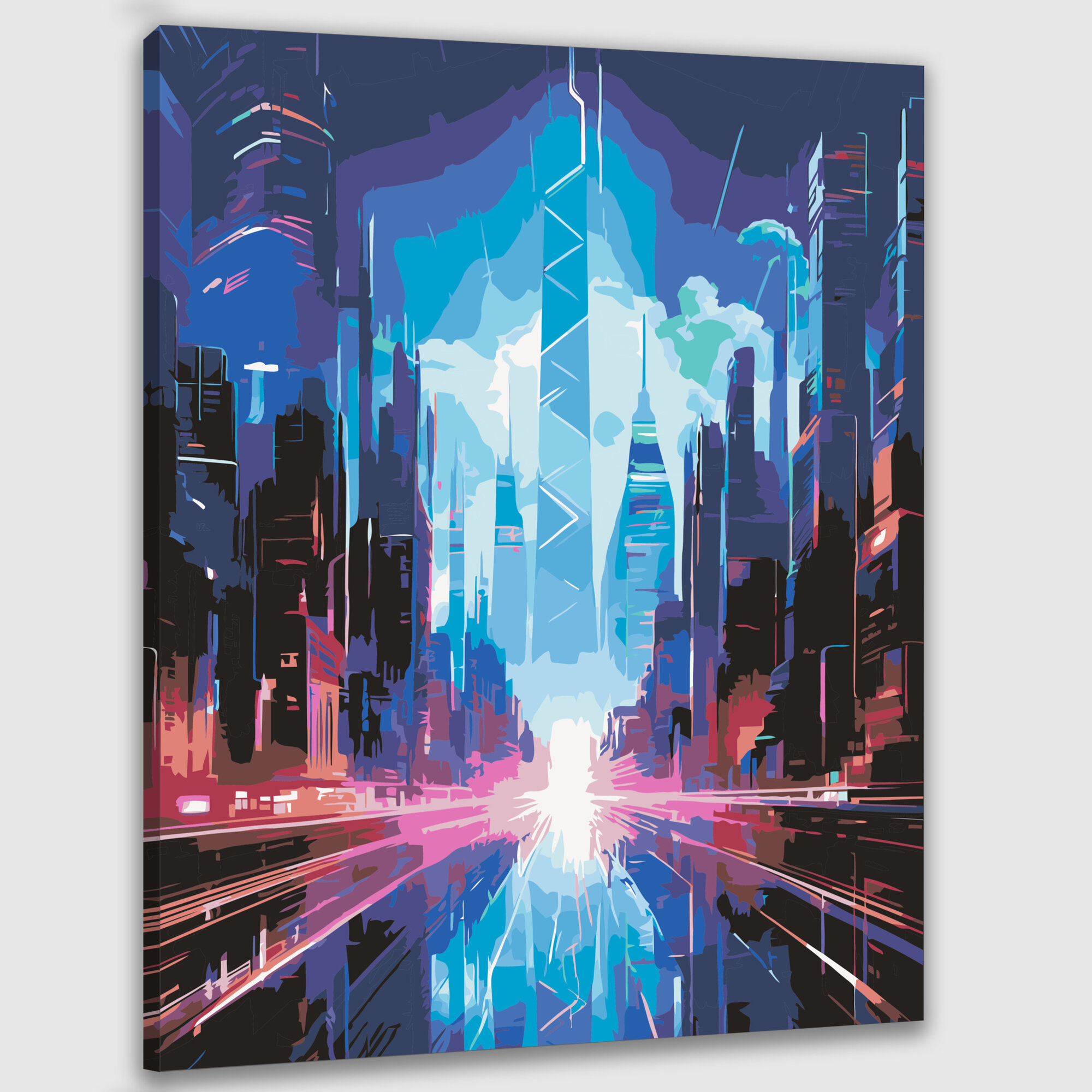 Картина по номерам 40x50 см, футуристический городской, высокие небоскребы, неоновые огни, голографические проекции