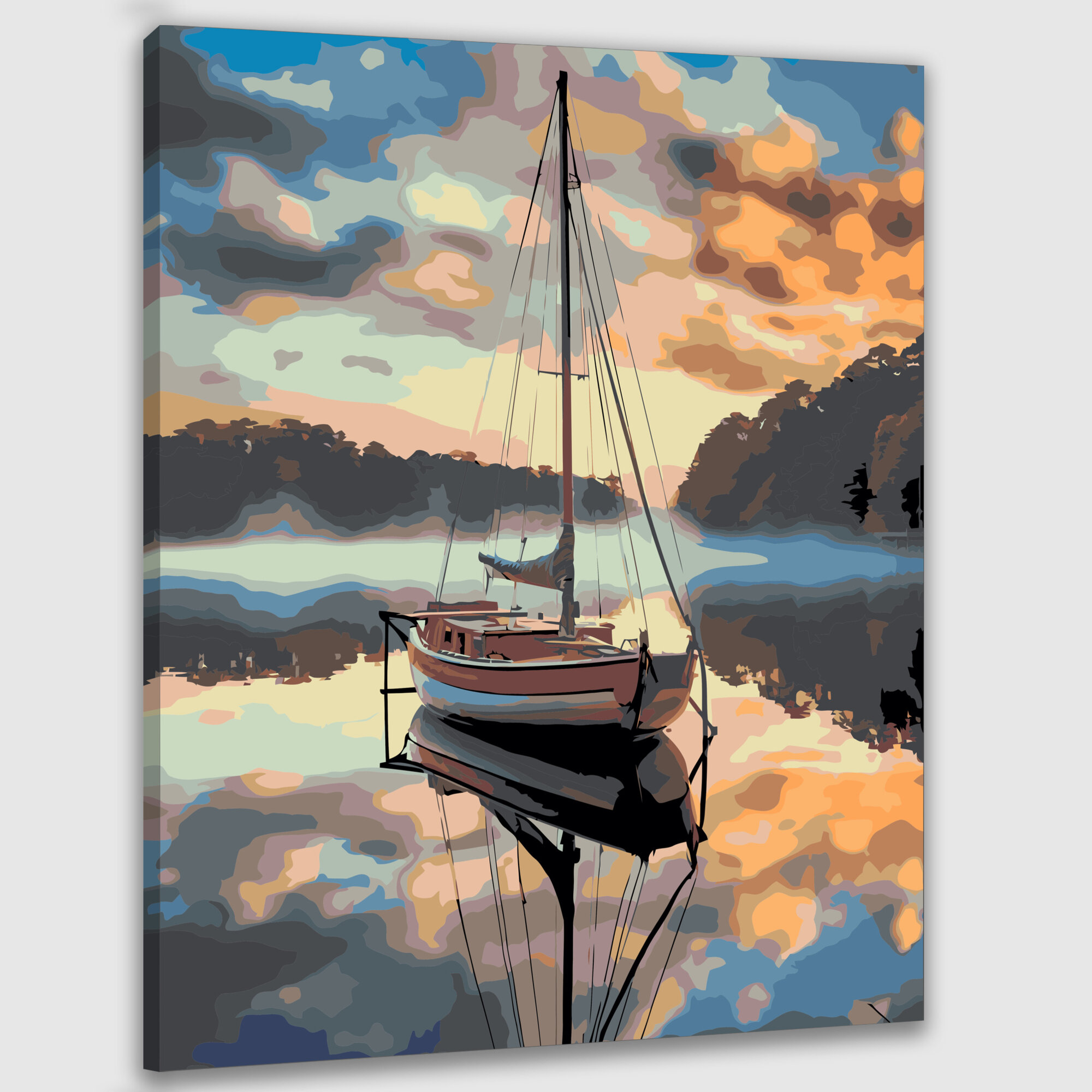 Картина по номерам 40x50 см, фотография, деревянная парусная лодка, спокойные воды, озеро, гладкая форма лодки, утро