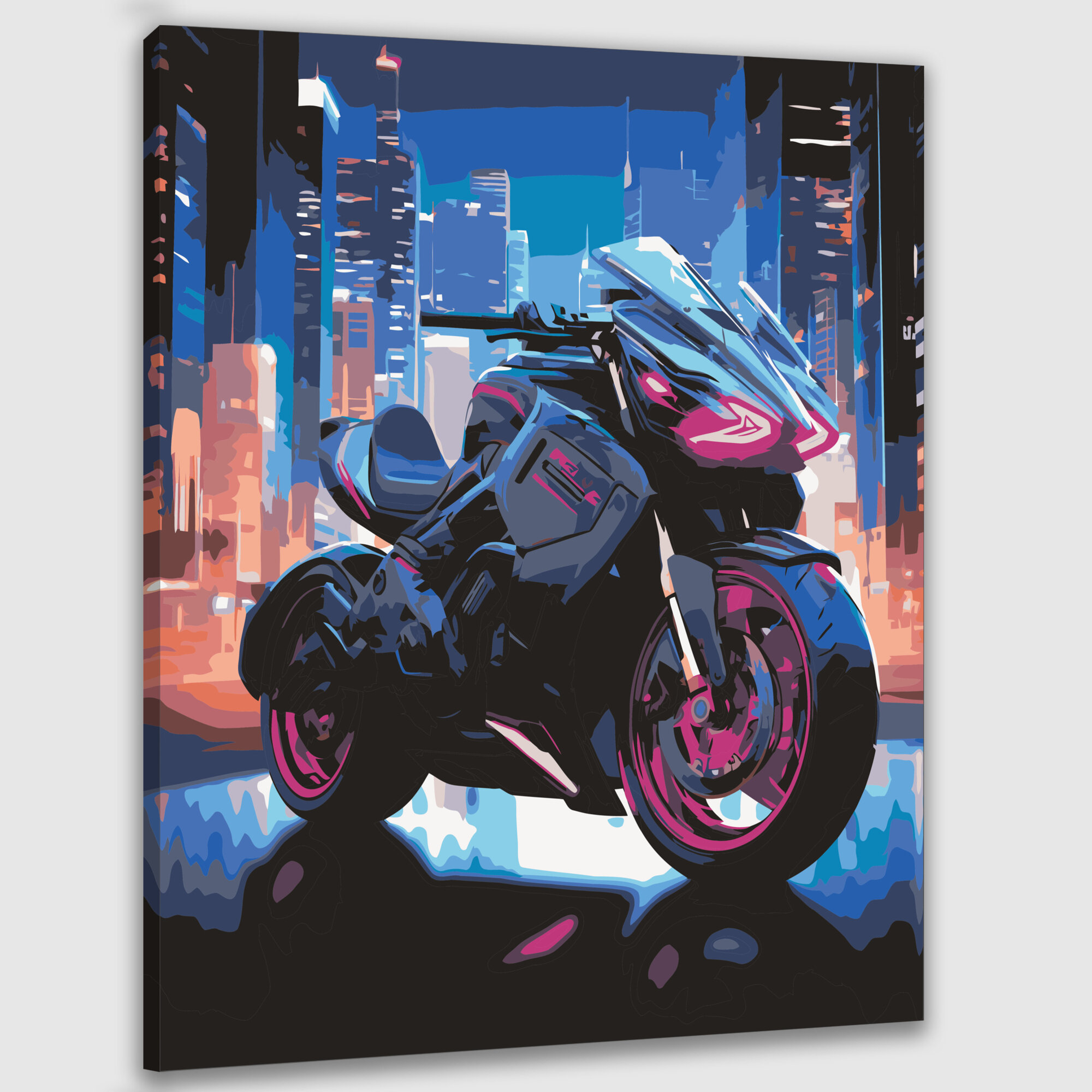 Картина по номерам 40x50 см, футуристический мотоцикл, гладкий дизайн, аэродинамичный, неоновый городской пейзаж, синий