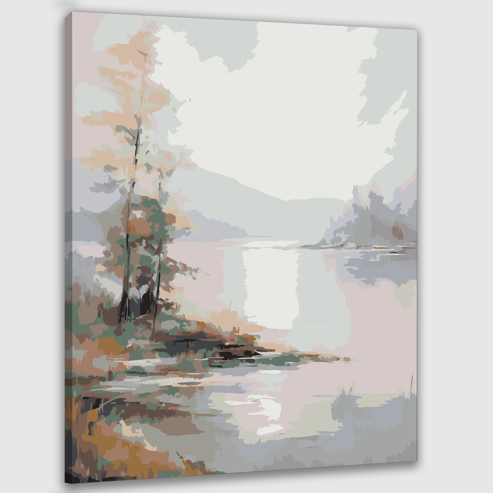 Картина по номерам 40x50 см, импрессионизм, пейзаж, озеро, туманное утро, масляная живопись, мягкие цвета